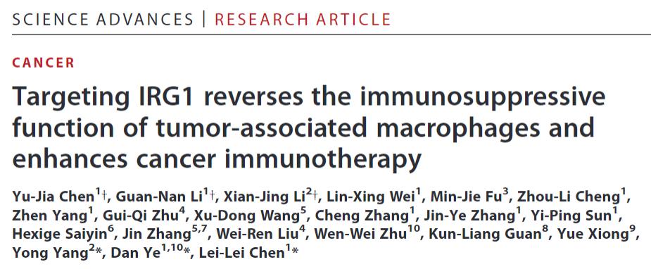 复旦大学叶丹团队揭示代谢酶IRG1在肿瘤相关巨噬细胞重编程和肿瘤微环境重塑过程中的作用机理_澎湃号·湃客_澎湃新闻-The Paper