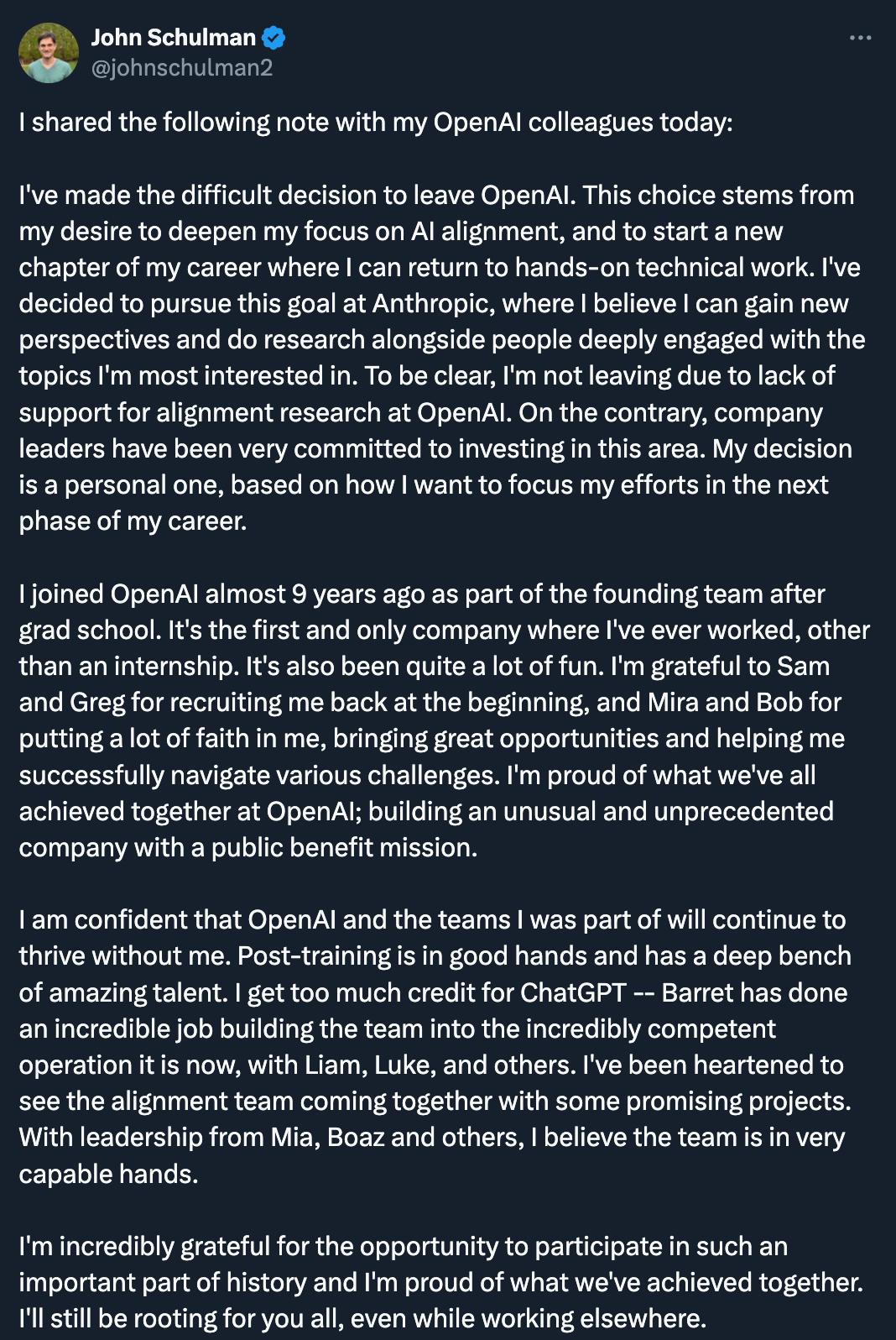 突发｜刚加入Anthropic的OpenAI联创John Schulman，又离职了！_澎湃号·湃客_澎湃新闻-The Paper